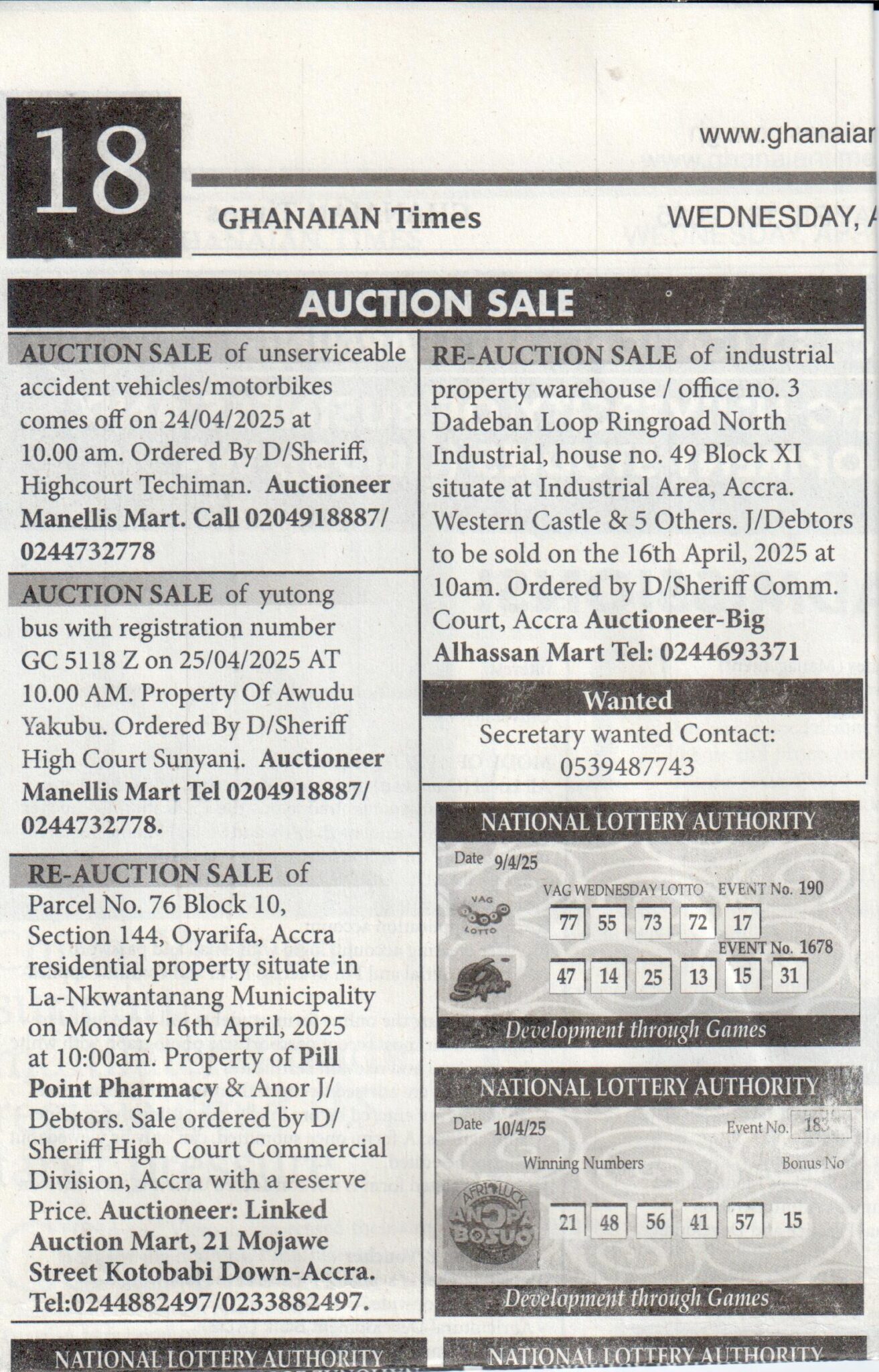16.04.2025 AUCTION SALES ANNOUNCEMENT – All Ghana Auctions