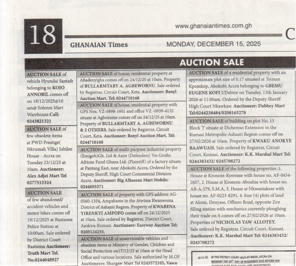 15.12.2025 TODAY’S AUCTION IN GHANA!!! – All Ghana Auctions